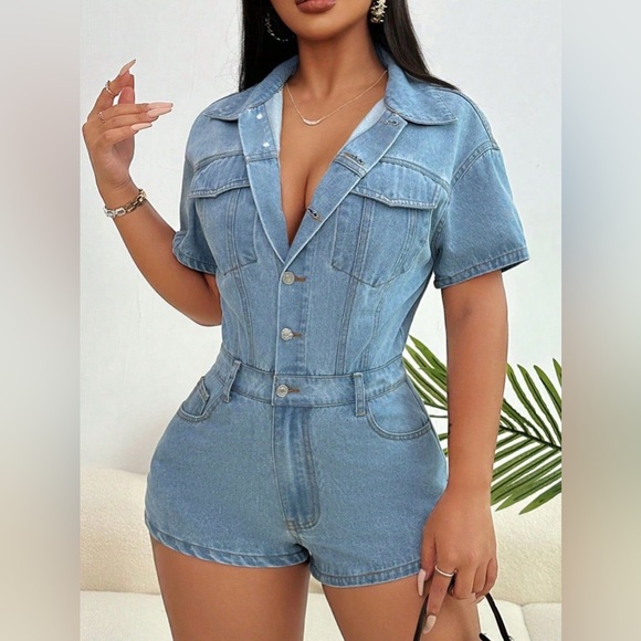 Pants & Jumpsuits | Collared Neck Short Sleeve Denim Romper | Poshmark